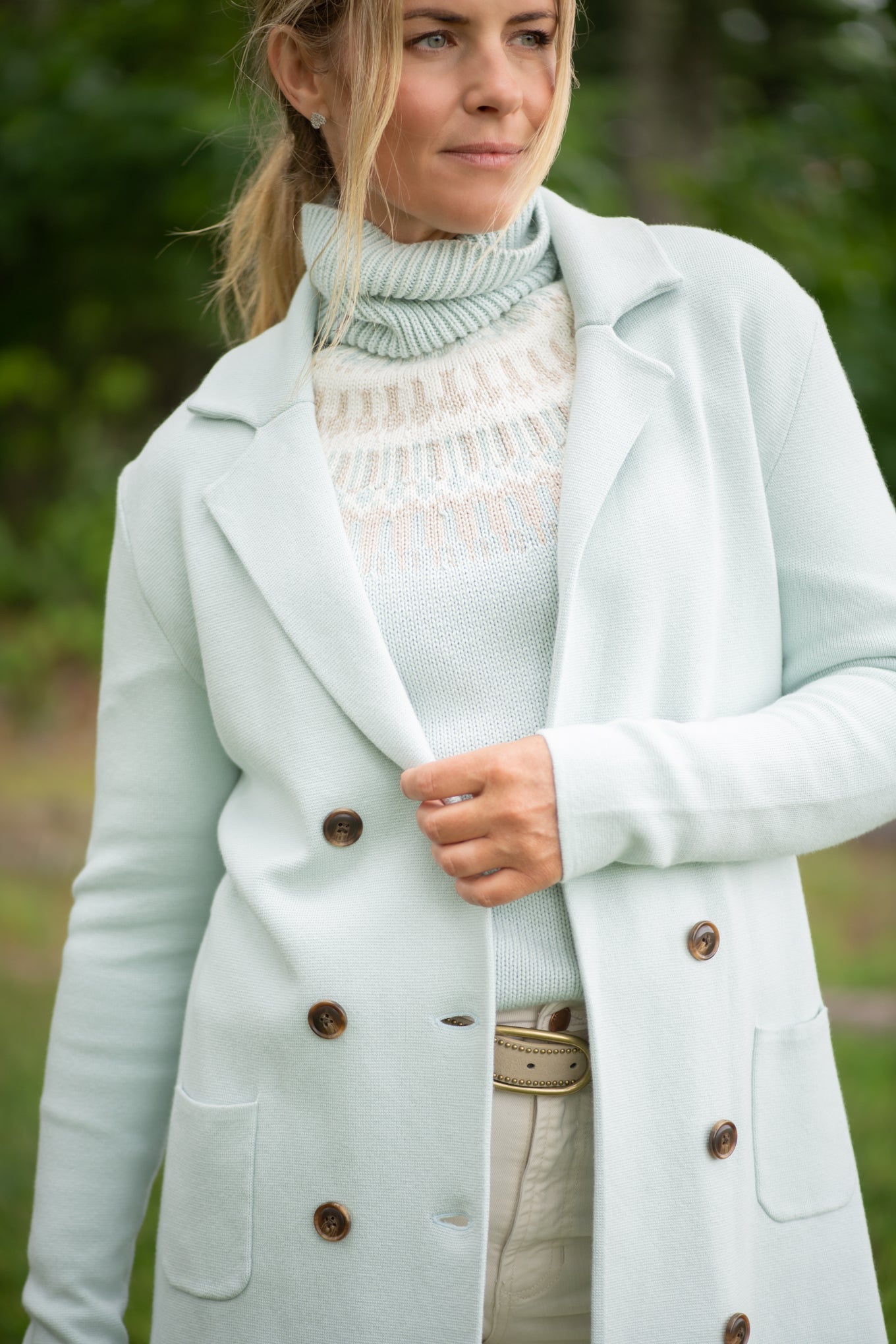 The Milan Double-Breasted Knit Blazer in Mist | Burgess Sweaters – The ...